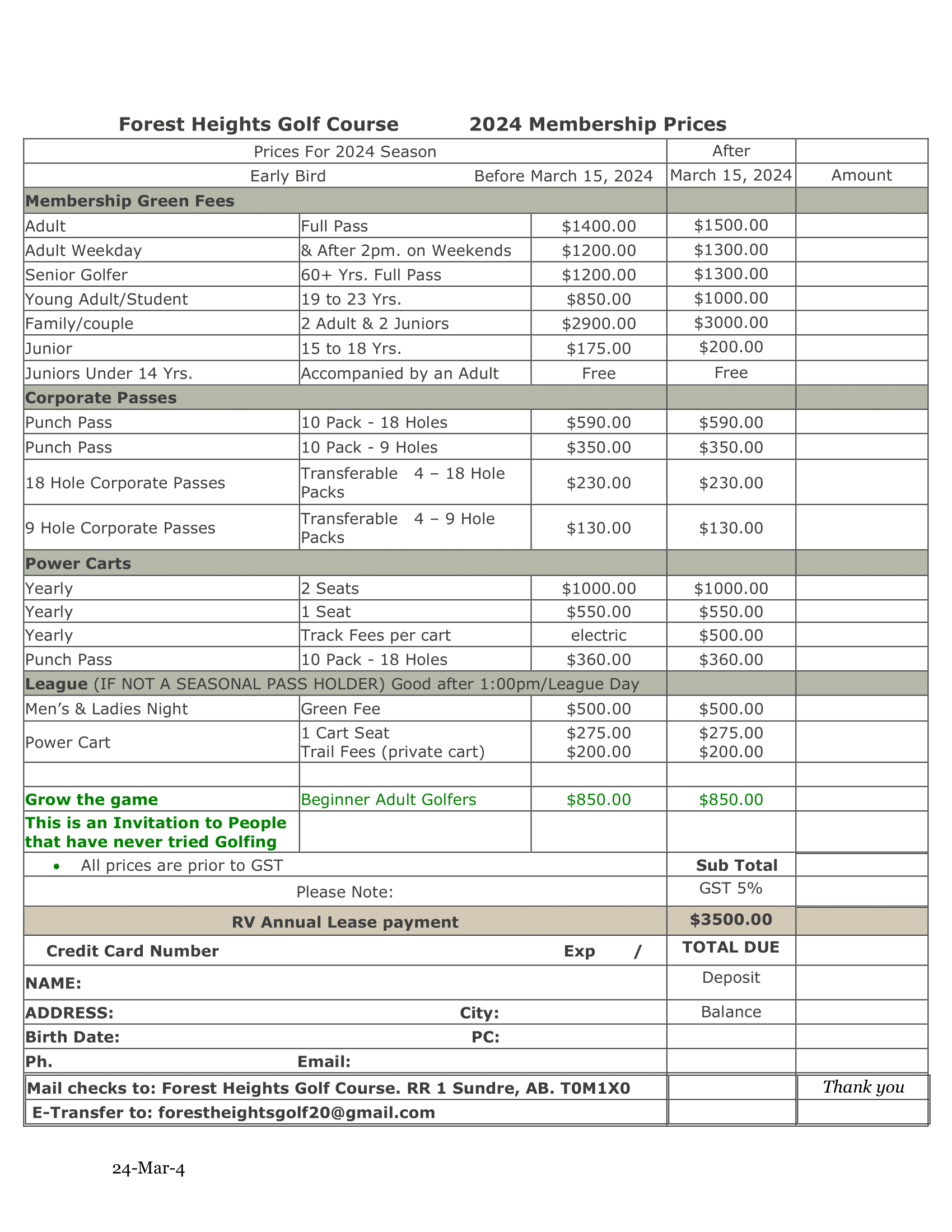 2024 Golf Memberships - Forest Heights Golf Course